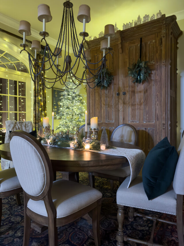 Nighttime Christmas Dining Room with Simple Centerpiece