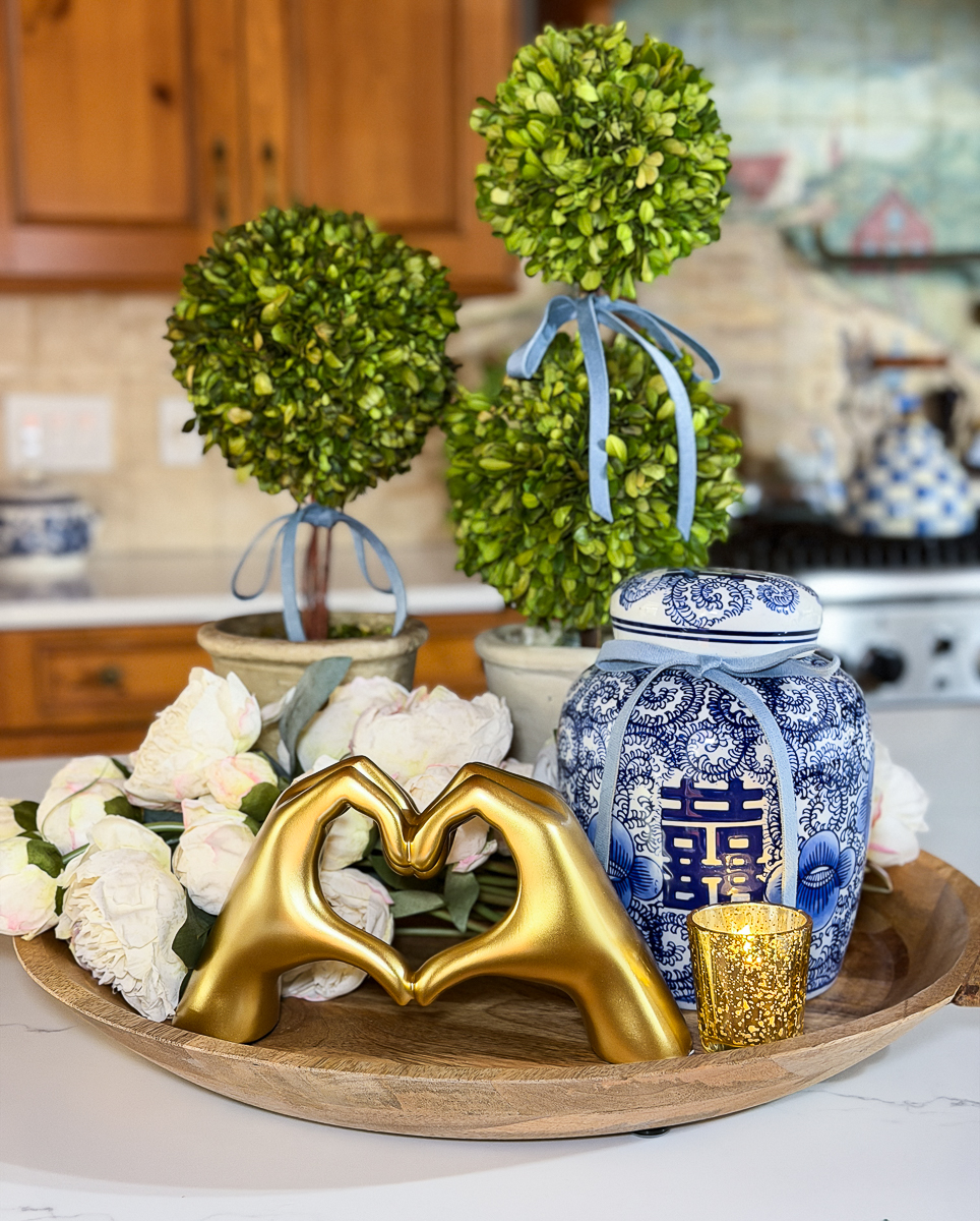 Valentine’s Decor Vignette with Heart Hands Sculpture